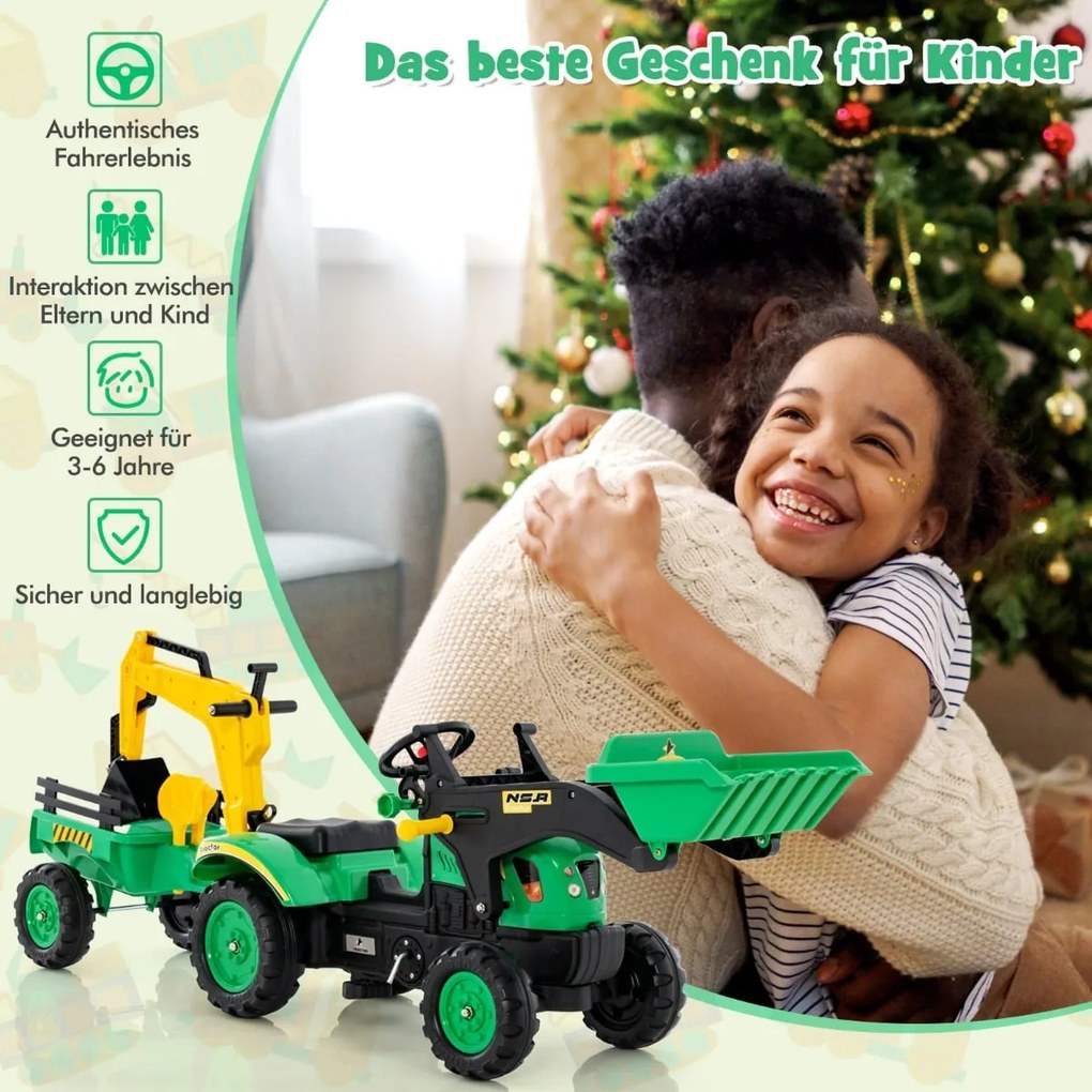 Costway 3 v 1 dětský buldozer s bagrem a 6 koly – 178 × 42 × 60 cm, zelený