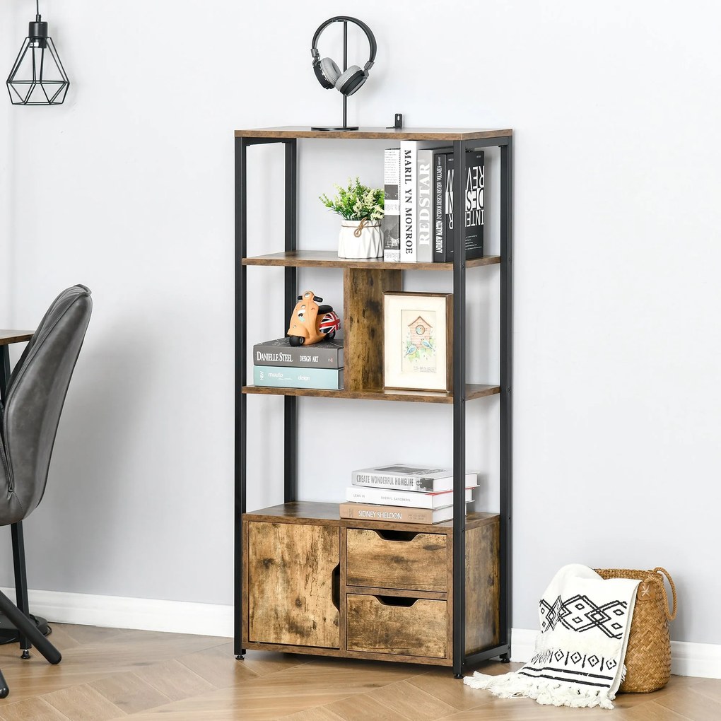 HOMCOM Knihařský regál s kabinetem a 2 úložnými šuplíky, průmyslový styl, 58x24x122 cm, rustikální hnědá