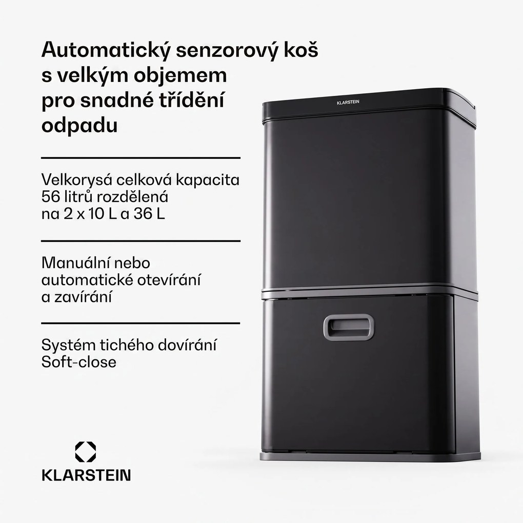 Klarstein Bezdotykový senzorový odpadkový koš 56 l nerez Soft-Close 3 nádoby LED displej časovač