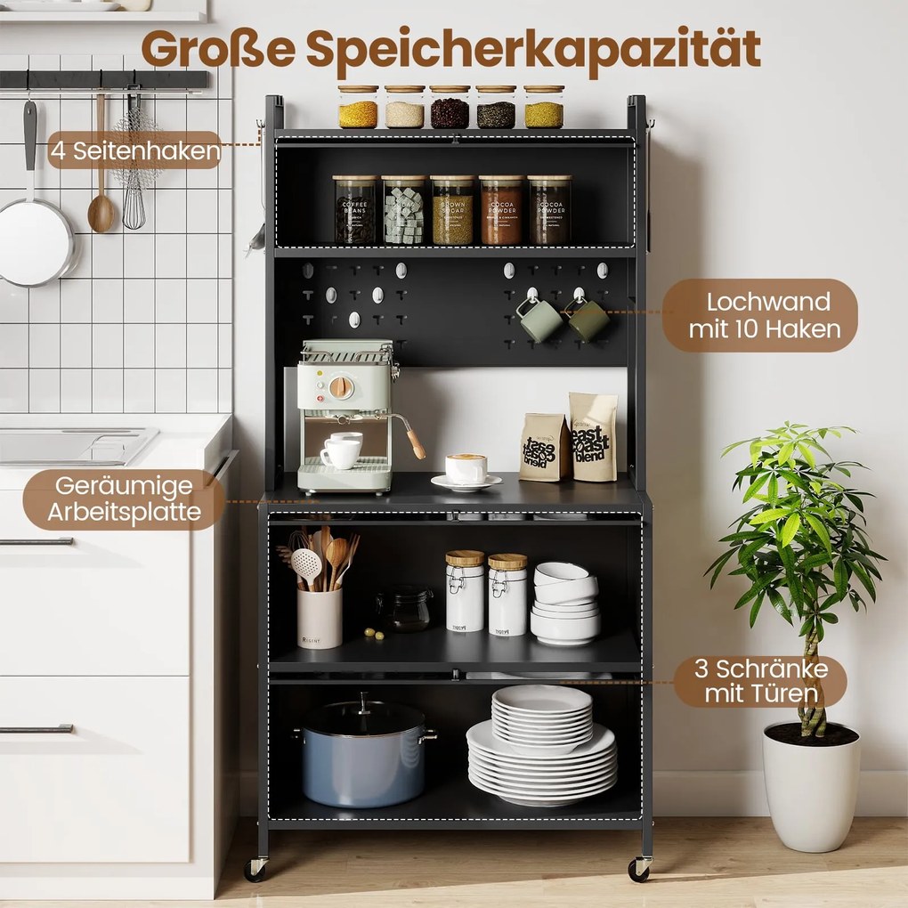Costway Vysoká kuchyňská skříňka s kolečky a skládacími dvířky a pegboard