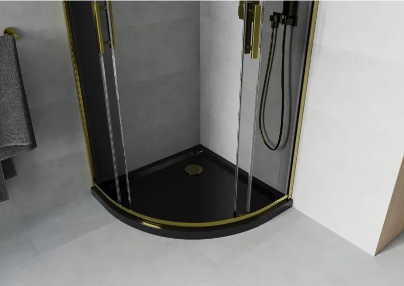 Mexen Rio, čtvrtkruhový sprchový kout s posuvnými dveřmi 90 (dveře) x 90 (dveře) x 190 cm, 5mm šedé sklo, zlatý profil + černá sprchová vanička SLIM, 863-090-090-50-40-4170G