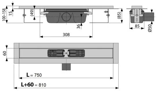 Alcadrain Podlahový žlab 75 cm s okrajem pro perforovaný rošt APZ1-750