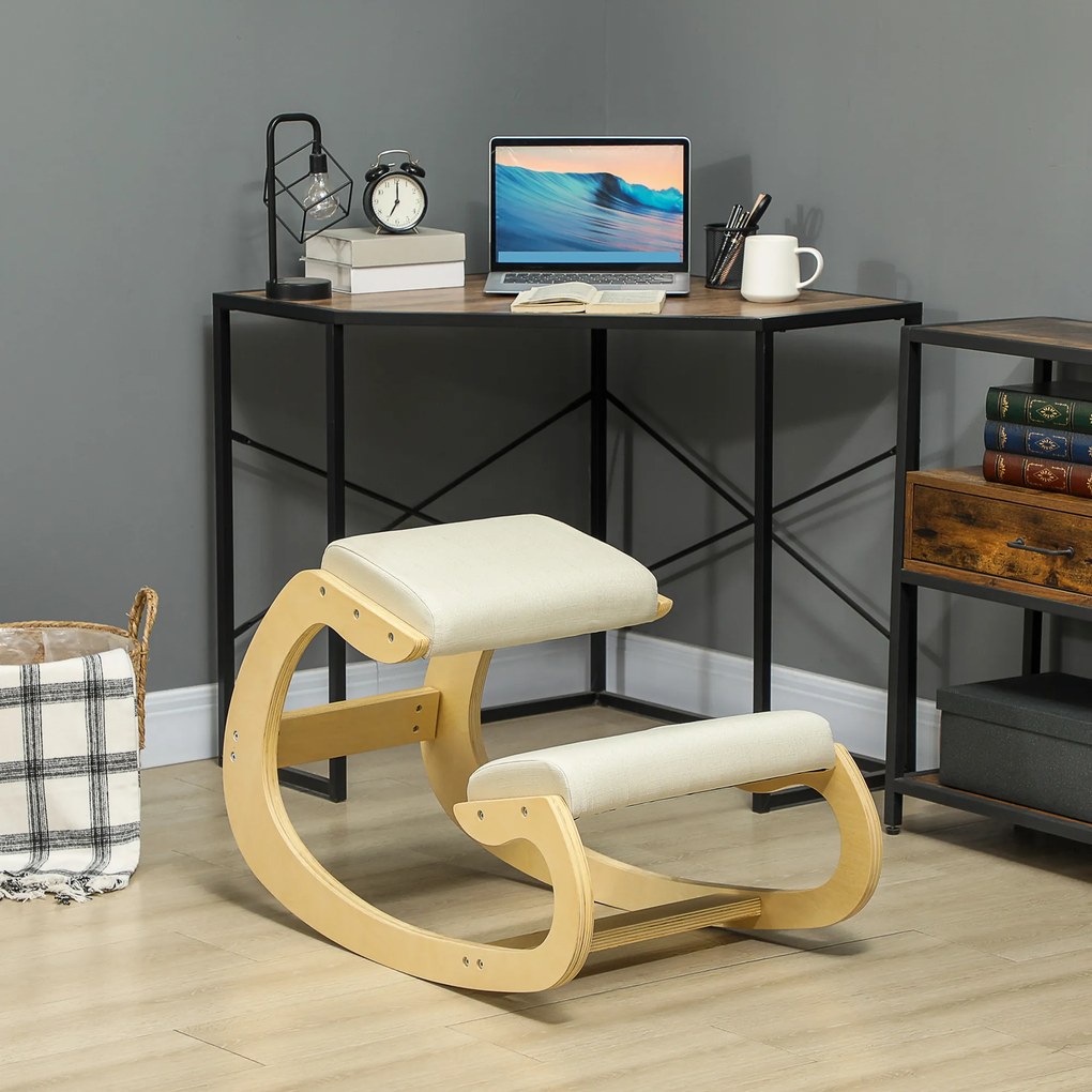 HOMCOM Křeslo na kolenou s houpacím mechanismem, ergonomické křeslo v lněné tkanině a břízovém dřevě, 55x85x55 cm, krémová