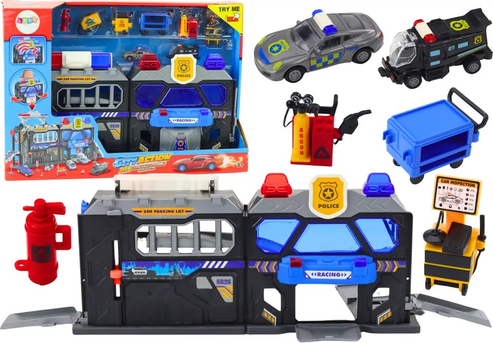 LEAN Toys Sada – Rozkládací dráha, garáž v kufříku, policejní sada, světla a zvuky