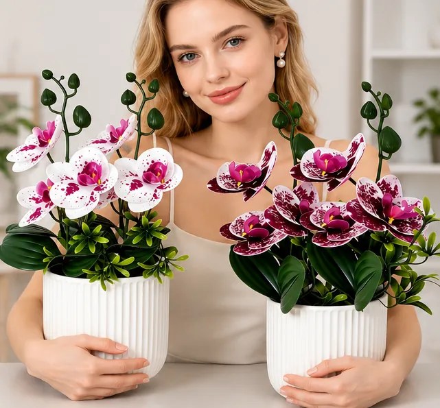 umělá květina, orchidej Phalaenopsis, sada 2 ks, výška 38 cm, plast, bílá/vínová, Dekorino UK20260030