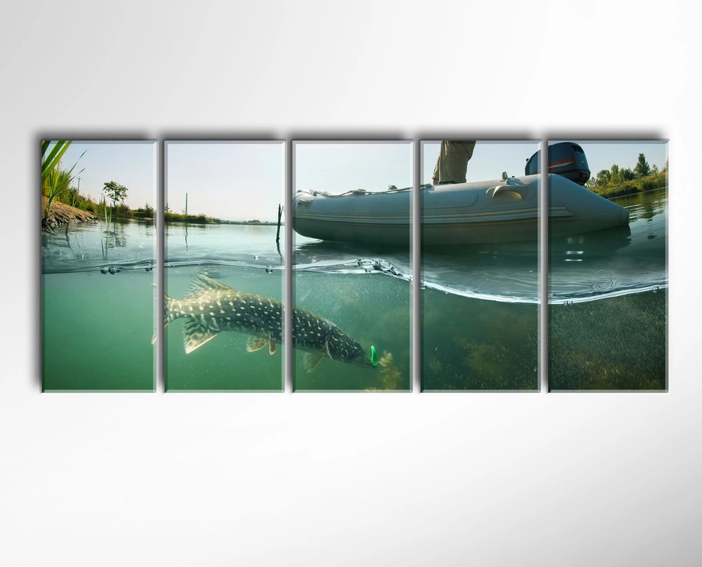 Malvis ® Obraz Rybář na člunu zdolává štiku ROZMĚR (šířka x výška): čtyřdílný čtverec 80x80 cm