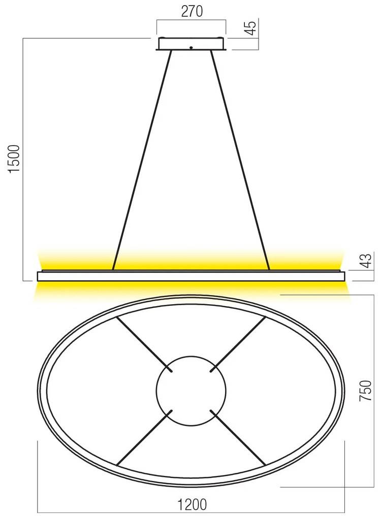 Redo group Redo Nobu, oválné zlaté závěsné svítidlo LED 120W 3000/4000K, 120x75cm, tříkrokové stmívání