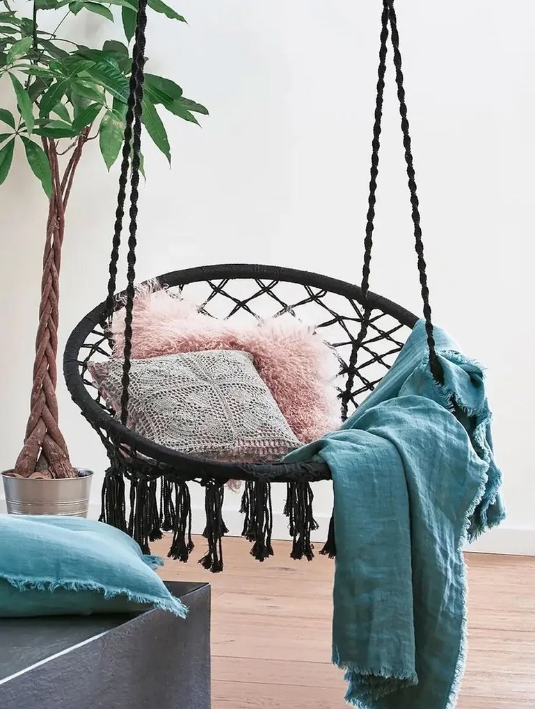 Bluegarden Rea, Závěsné boho křeslo s polštářem černé 490129A, OGR-03542