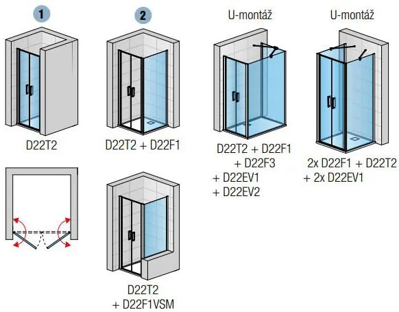 Ronal (Sanswiss) Ronal, DIVERA dvoukřídlé dveře D22T2 Šířka: 90 cm, Sklo: 07 čiré