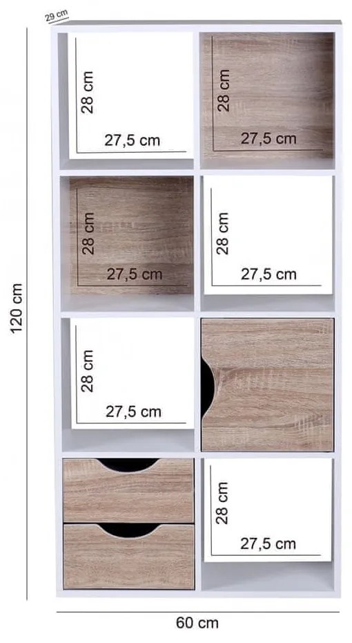 Bruxxi Knihovna se zásuvkami a dvířky Boken, 120 cm, bílá/dub