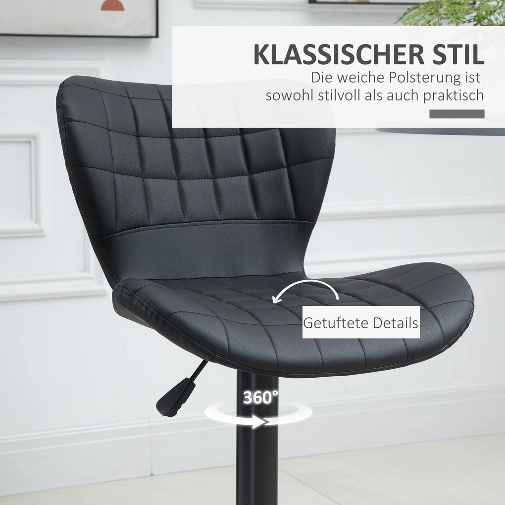 HOMCOM barová židle sada 2 ks retro design výškově nastavitelná 360° otočná černá kůže pro domácí kancelář stabilní 47 x 51,5 x 89-109 cm