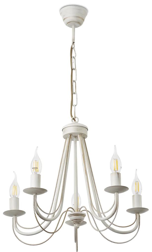 Light for home - Závěsný lustr na řetězu v bílé barvě 30105 "DANIEL", 5x40W, E14, bílá, zlatá, patina