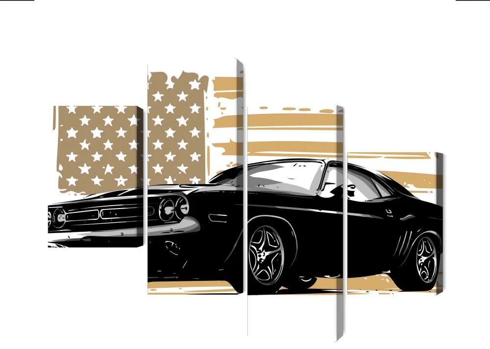 Vícedílný obraz Americké Svalové Auto S Pozadím Vlajky Usa Nedostatek Nedostatek Přírodní plátno 240x150