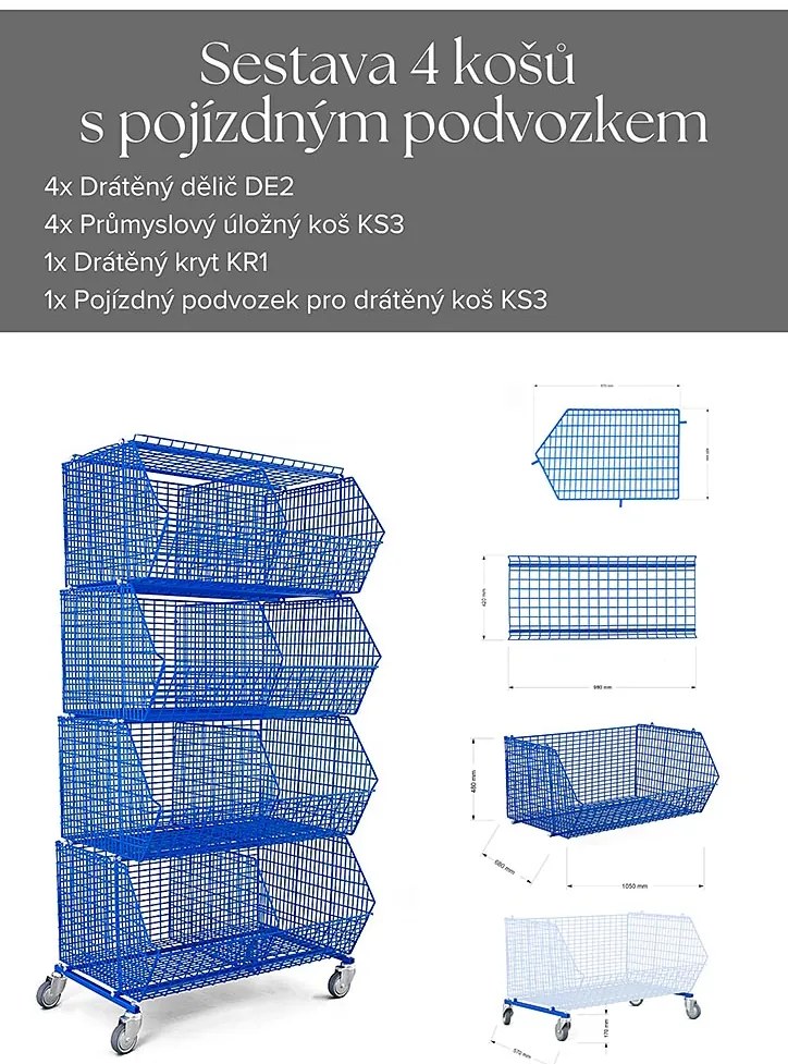 FEROPLAST spol. s.r.o Průmyslový úložný koš KS3, kompletní set 4 košů na kolečkách