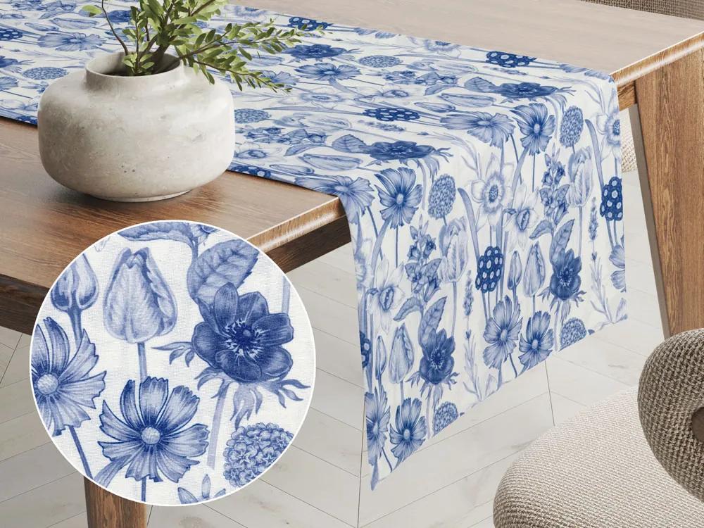 Biante Dekorační běhoun na stůl PML-090 Modré jarní květiny na bílém 35x120 cm