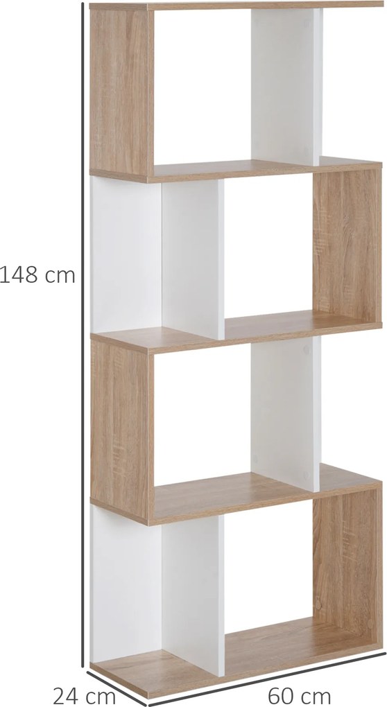HOMCOM Moderní Regál S Tvarovým Designem, 4 Poličky, 60 Š x 24 H x 148 V cm, Dub Bílý