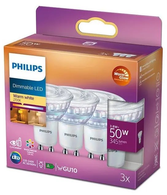 SADA 3x LED Stmívatelná žárovka Philips Warm Glow GU10/3,8W/230V 2200-2700K