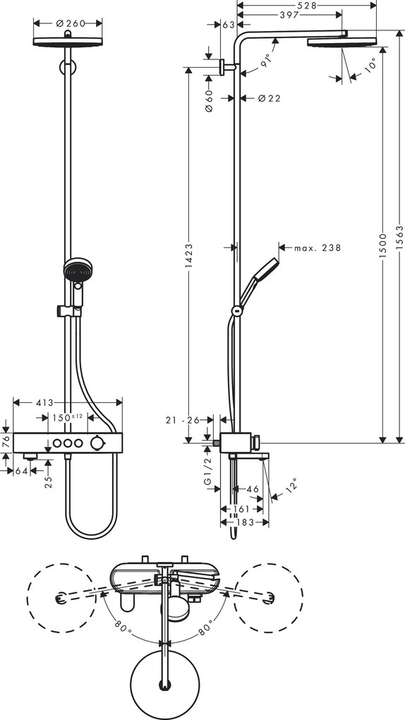 Hansgrohe Pulsify S, Showerpipe 260 1jet s vanovým termostatem ShowerTablet 400, chromová, HAN-24230000