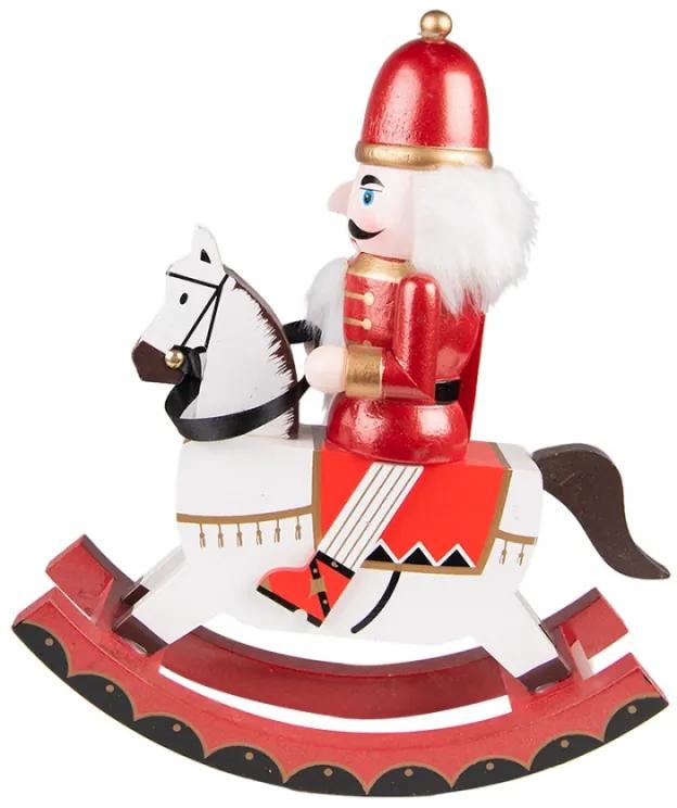 Bílo-červená dekorace Louskáček na houpacím koníkovi – 24x9x30 cm