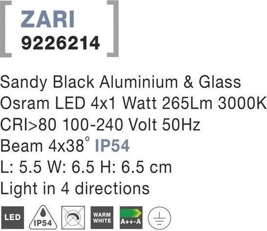 NV 9226214 Venkovní nástěnné svítidlo ZARI černý hliník a sklo Osram LED 4x1W 3000K 100-240V 4x38st. IP54 světlo ve čtyřech směrech - NOVA LUCE