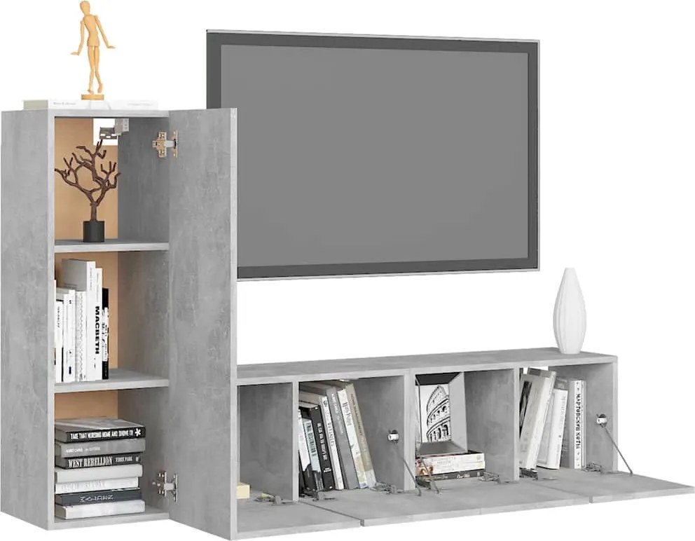 3dílný set TV skříněk betonově šedý kompozitní dřevo 3079093