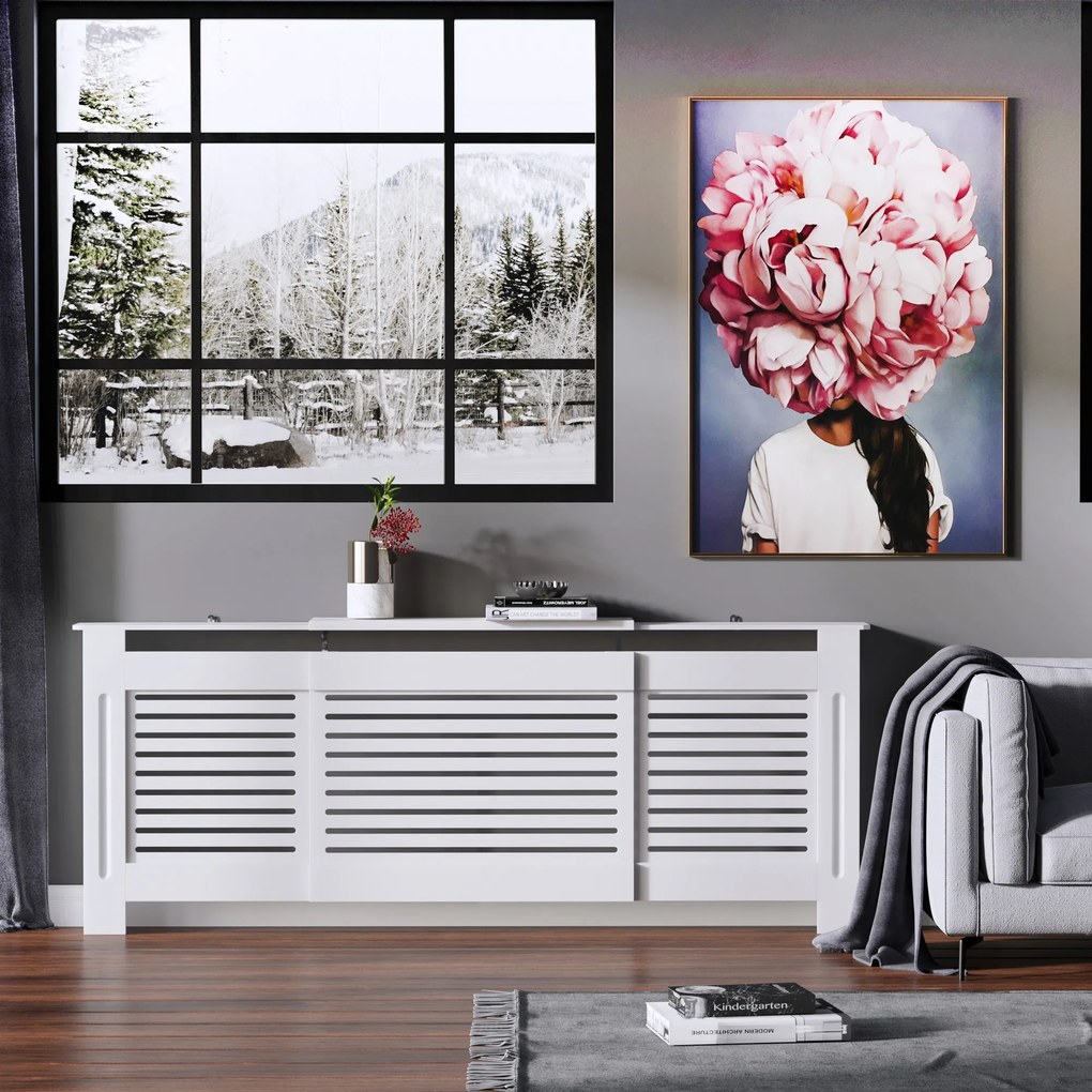 HOMCOM Rozkládací Kryt Radiátoru s Moderním Designem 139-208,5 x 20,5 x 82,5 cm MDF Bílá