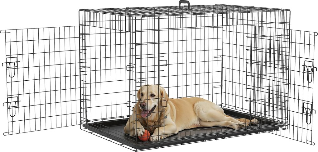 Skládací psí klec PawHut - transportní box s 2 dveřmi, odnímatelnou zásuvkou a madlem 121x77x82 cm černá | Aosom