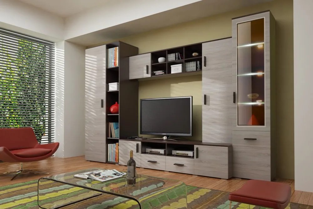 Obývací stěna LEONARDO wenge / dub sonoma (305 x 202) cm – s LED osvětlením