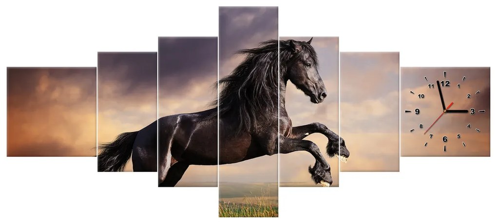 Gario Obraz s hodinami Silný černý kůň - 7 dílný Rozměry: 210 x 100 cm