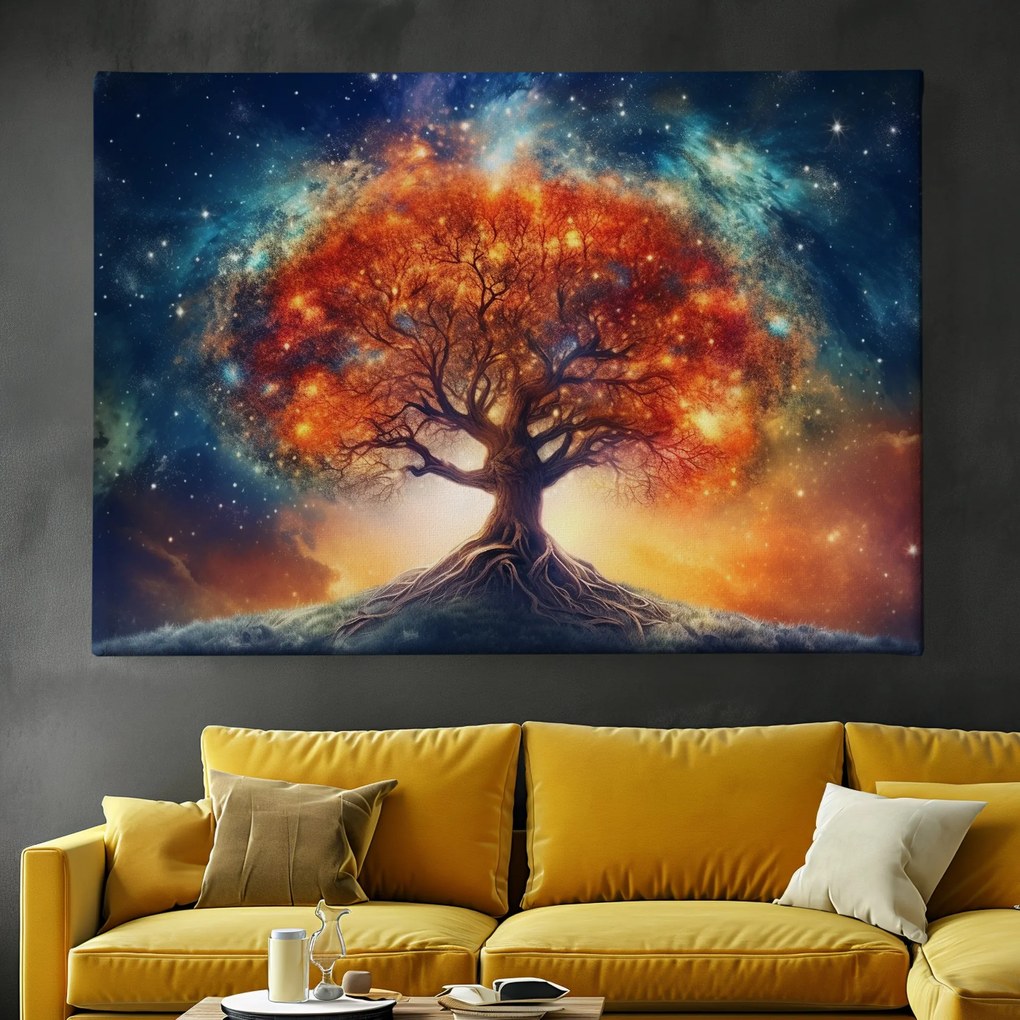 Obraz na plátně - Zářící strom života s vesmírem FeelHappy.cz Velikost obrazu: 120 x 80 cm