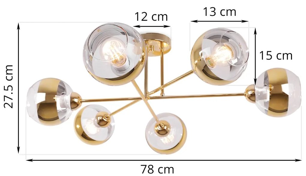 Stropní svítidlo Asturia, 6x zlaté/transparentní skleněné stínítko, G