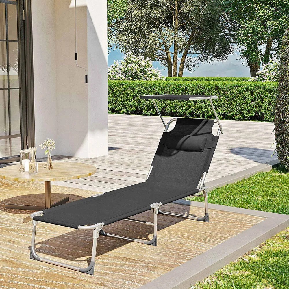 Zahradní lehátko LAGUNA s nastavitelnou clonou, 193x53x29cm, černá SongmicsHome
