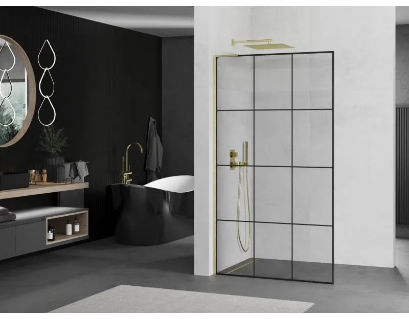 Mexen Kioto L, sprchová zástěna Walk-In 100 x 200 cm, 8mm čiré sklo černý vzor, zlatý matný profil, 800-100-103-55-77
