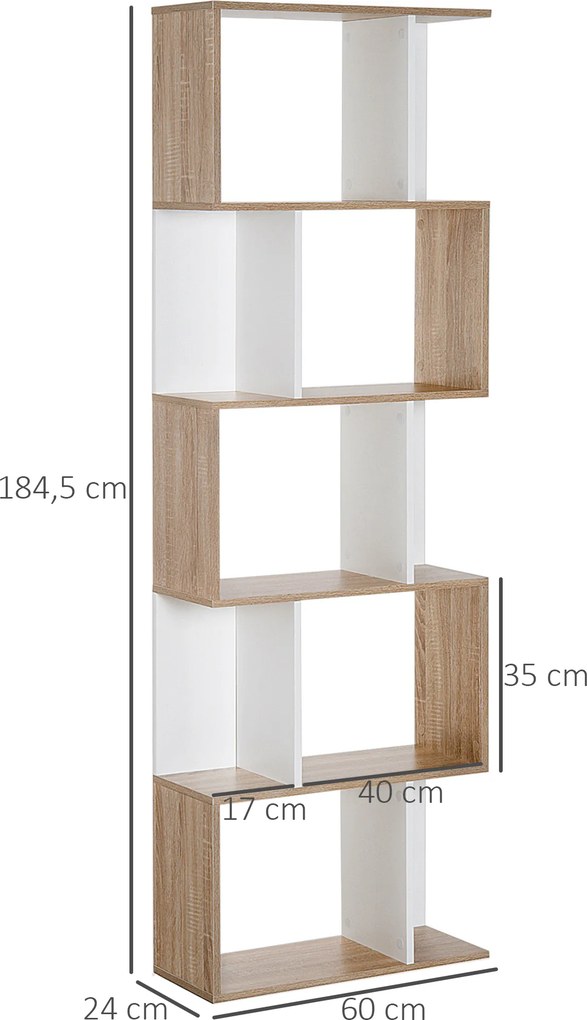 HOMCOM 5-patrová knihovna Dřevěný regál S-tvarovaný Moderní design pro obývací pokoj a kancelář 60x24x184,5 cm Bílá a dřevo