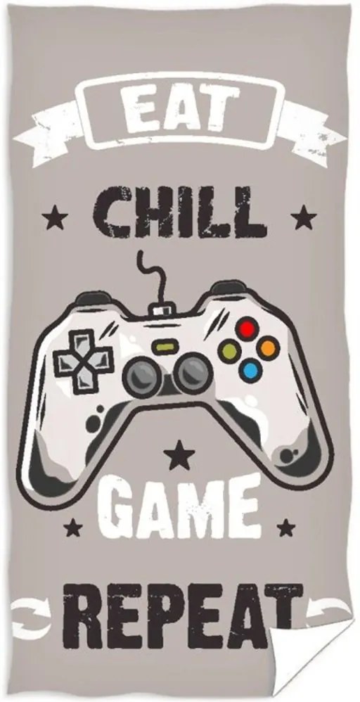 Velká plážová osuška Eat, Chill, Game &amp; Repeat - 100% bavlna s vysokou gramáží 400 g/m² - extra velký rozměr 90 × 180 cm