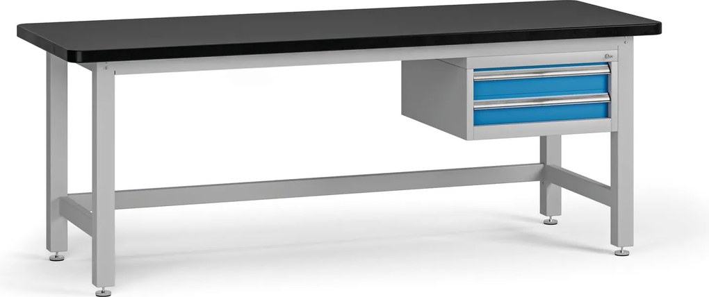 Profesionální dílenský stůl G4, 2 zásuvky, deska MDF + PVC, 2100 x 750 x 800 mm, modrá