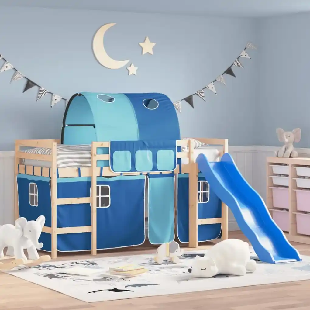 Dětská patrová postel se závěsy modrá 90 x 200 cm borovice, 3207046 | BIANO