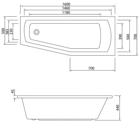 Aqualine Opava Vana 160x70 cm, pravá - bílá A1671