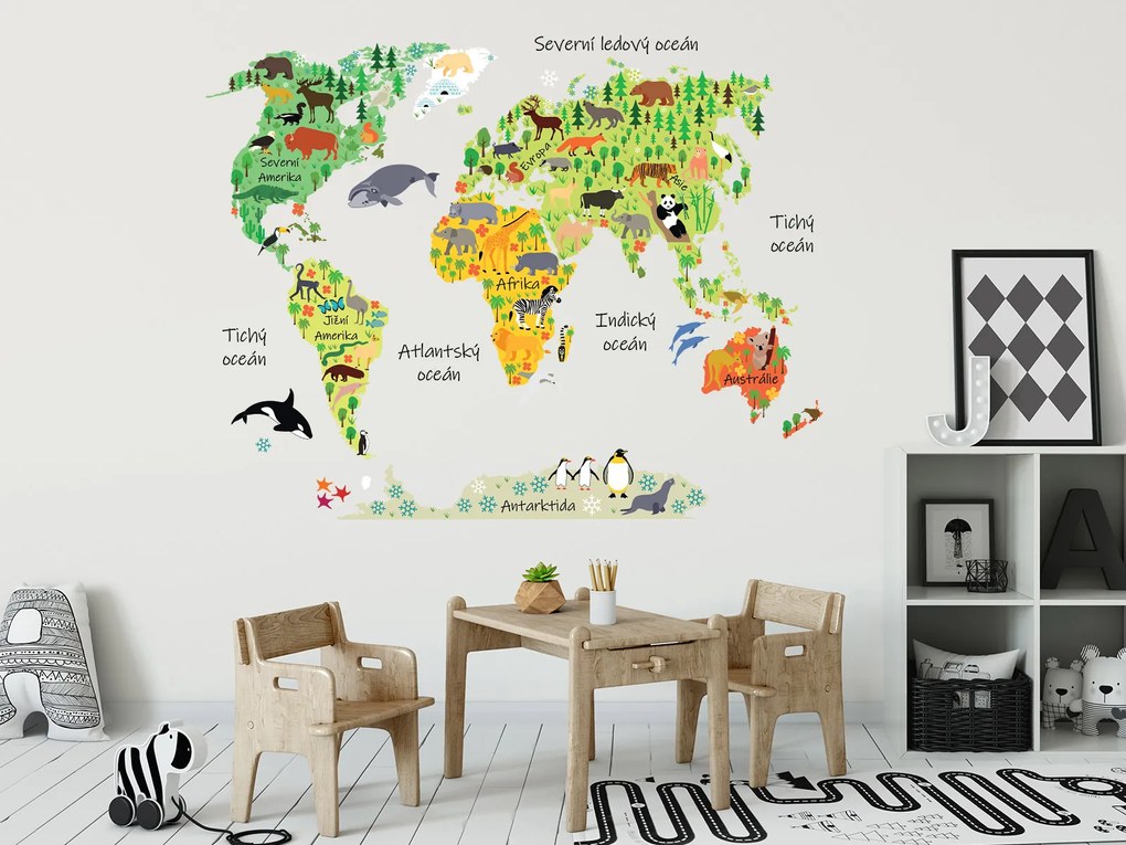 Mapa světa se zvířátky textilní přelepitelné samolepky na zeď 75 x 59 cm