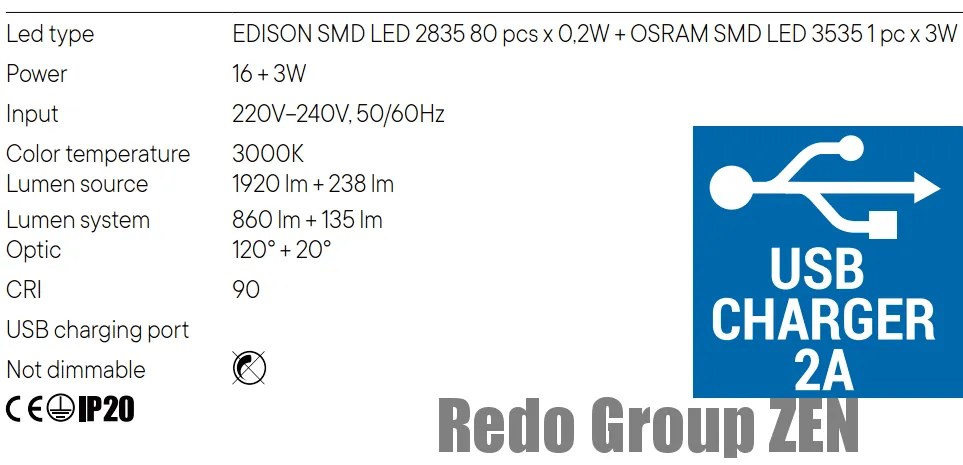 Světla a lustry REDO GROUP Redo Group ZEN lampa nad postel s USB LED 16W +3W antický bronz