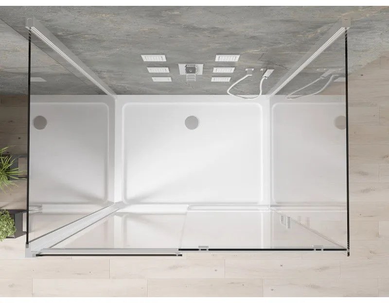 Mexen Omega, 3-stěnový sprchový kout s posuvnými dveřmi 120 (dveře) x 100 (stěna) x 190 cm, 8mm čiré sklo, chromový profil + bílá sprchová vanička SLIM, 825-120-100-01-00-3S-401