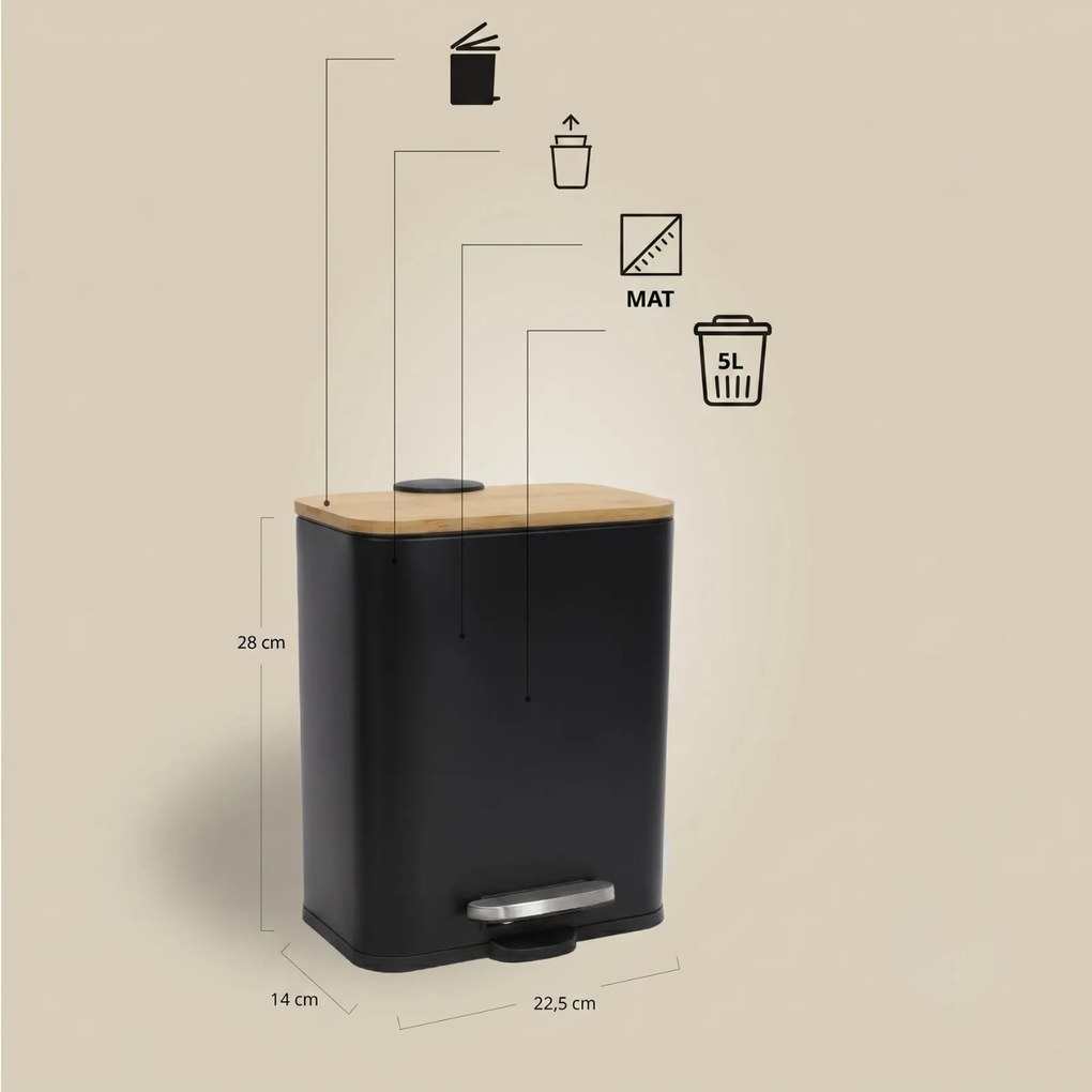Úzký odpadkový koš do koupelny s bambusem ZETRU, 5 l