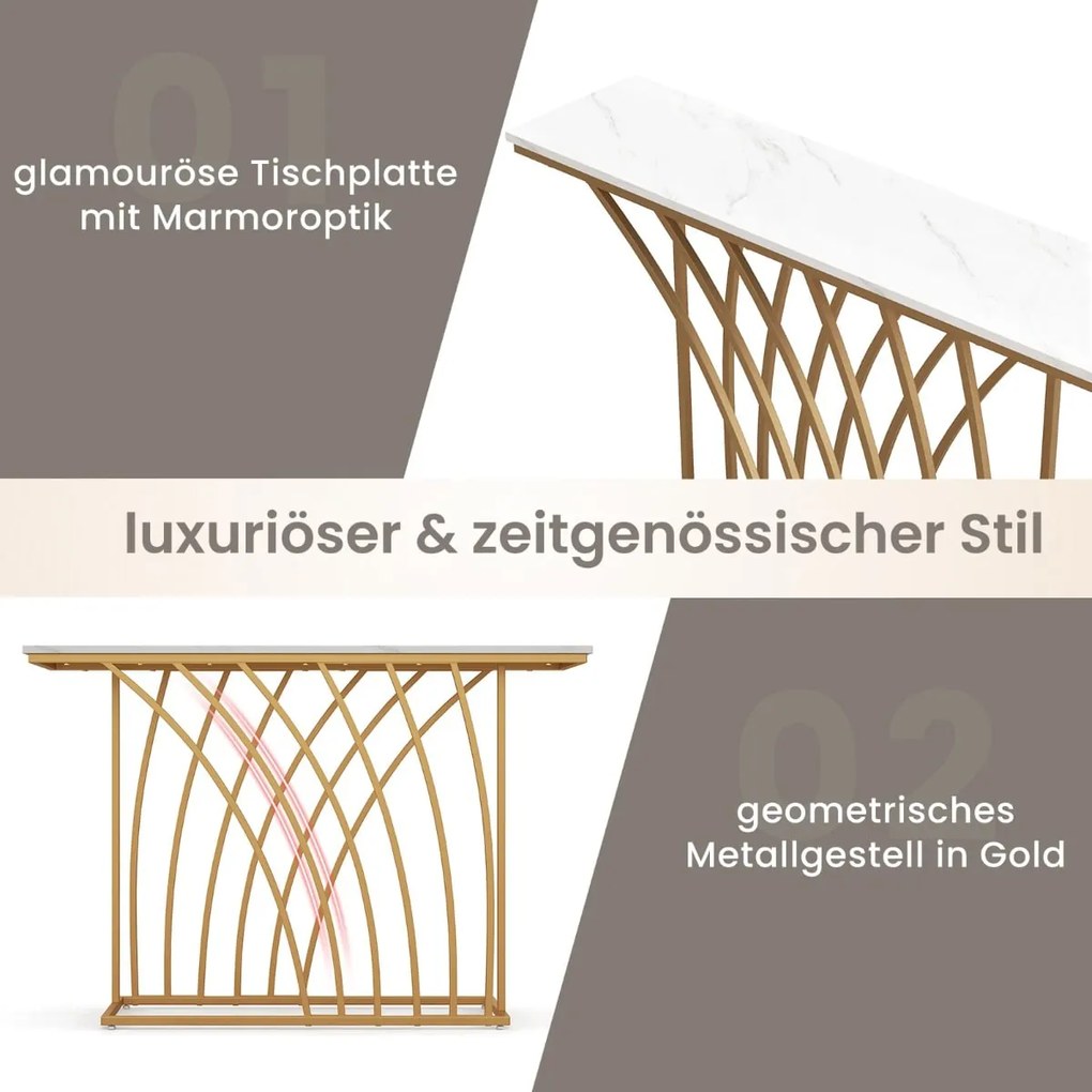 Costway Úzký konzolový stolek s mramorovým vzhledem a geometrickým kovovým rámem