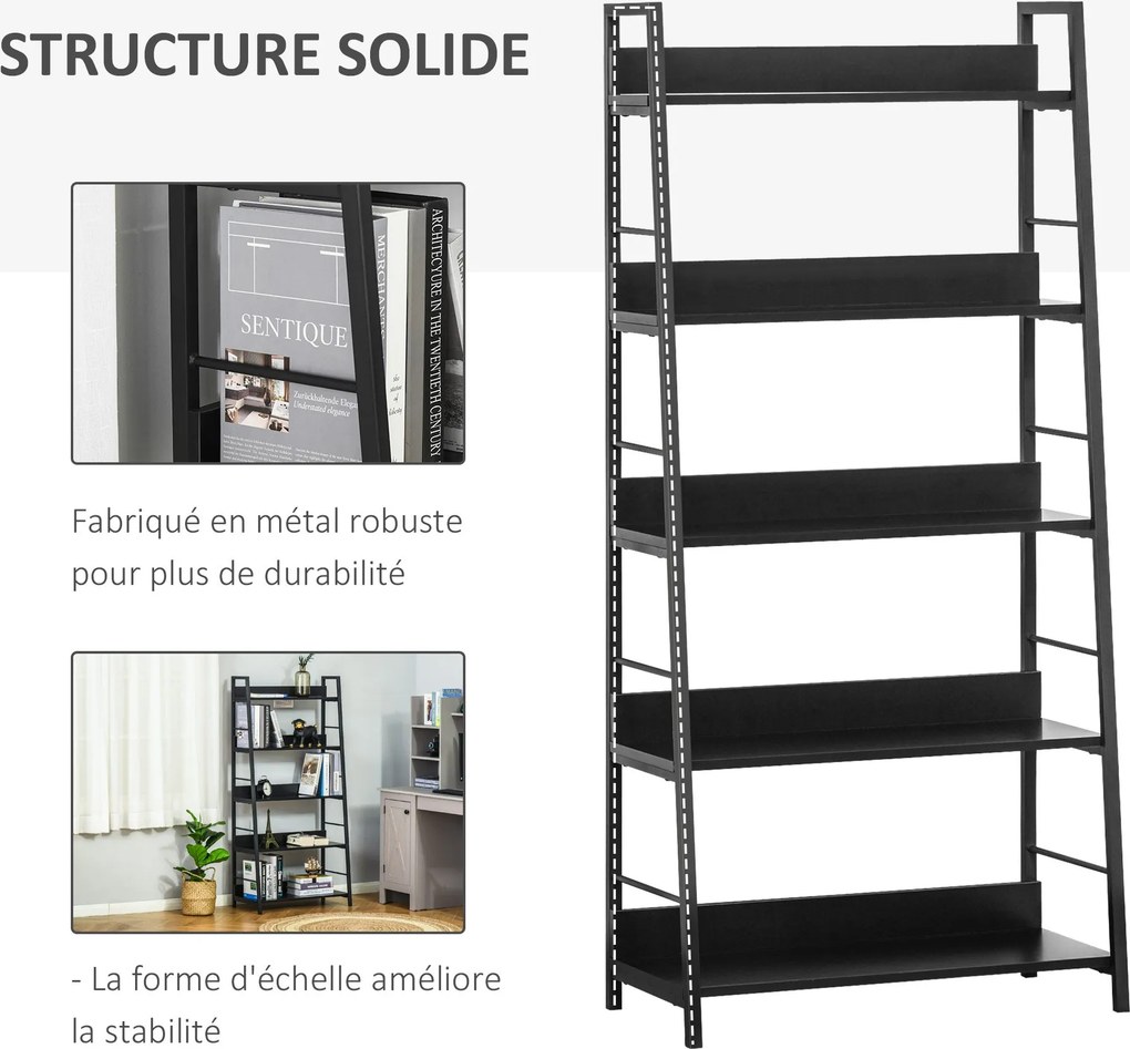 HOMCOM Knihovna v Průmyslovém Stylu - Opěrná 5 Policová 70L x 35Š x 150V cm Černá