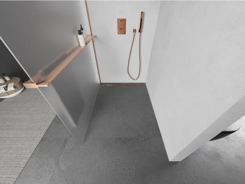 Mexen Kioto+ L, sprchová zástěna Walk-In s poličkou a věšákem 80 x 200 cm, 8mm sklo námraza, měděný matný profil, 800-080-123-65-30