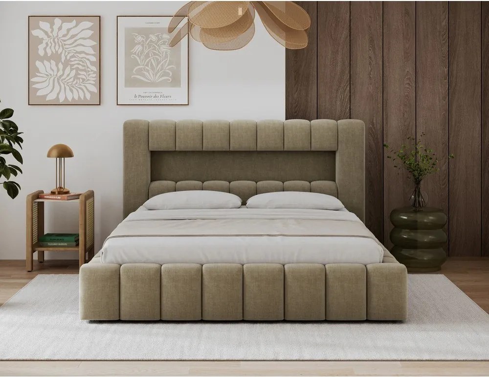 Světle hnědá čalouněná dvoulůžková postel s úložným prostorem s roštem 180x200 cm Lamica – ELTAP