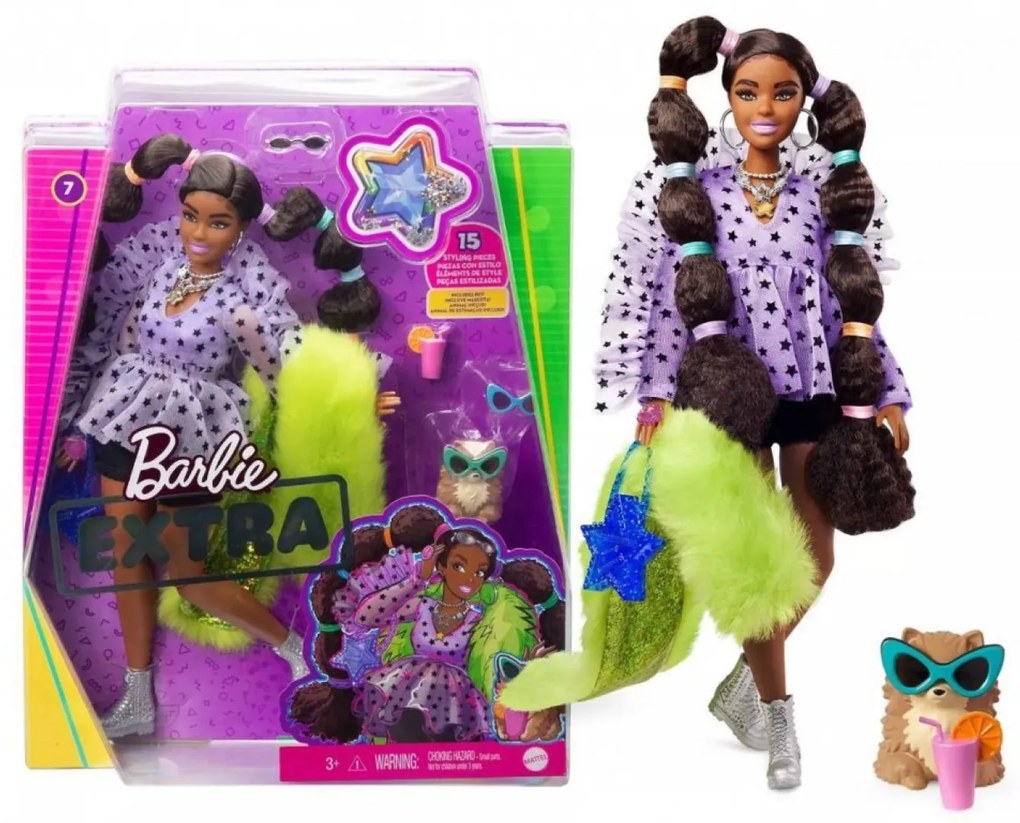 Barbie extra stylová dlouhovláska se zeleným boa a mazlíčkem, mattel gxf10