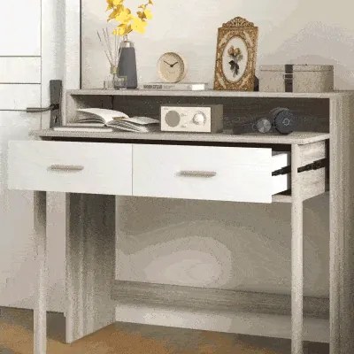 HOMCOM Rozkládací konzolový stůl se 2 výsuvnými policemi, 2 zásuvkami a 2 protišmykovými kolečky, Dvouramenný stůl 95x35x87 cm Dub