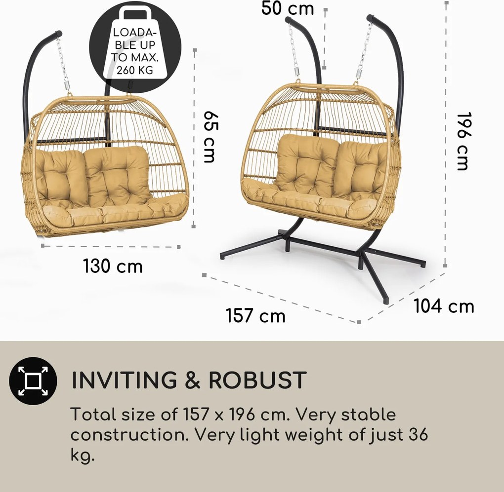 Blumfeldt Biarritz Double, závěsné křeslo, dvoumístné sedátko, polštář, polyester, hliník, polyratan, 260 kg