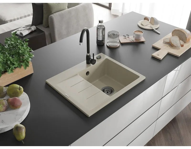 Mexen Ben, 1-komorový granitový dřez 600x500x190 mm, pravý + černý sifon, béžová, 6523605000-69-B